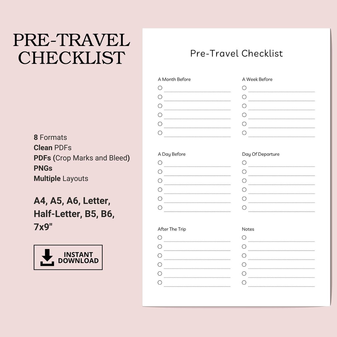 Pre-travel Checklist Printable: Packing & To-do List (PDF Download) - Etsy