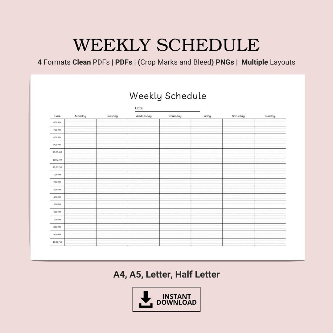 Weekly Schedule Printable | Horizontal Weekly Planner Template | Simple ...
