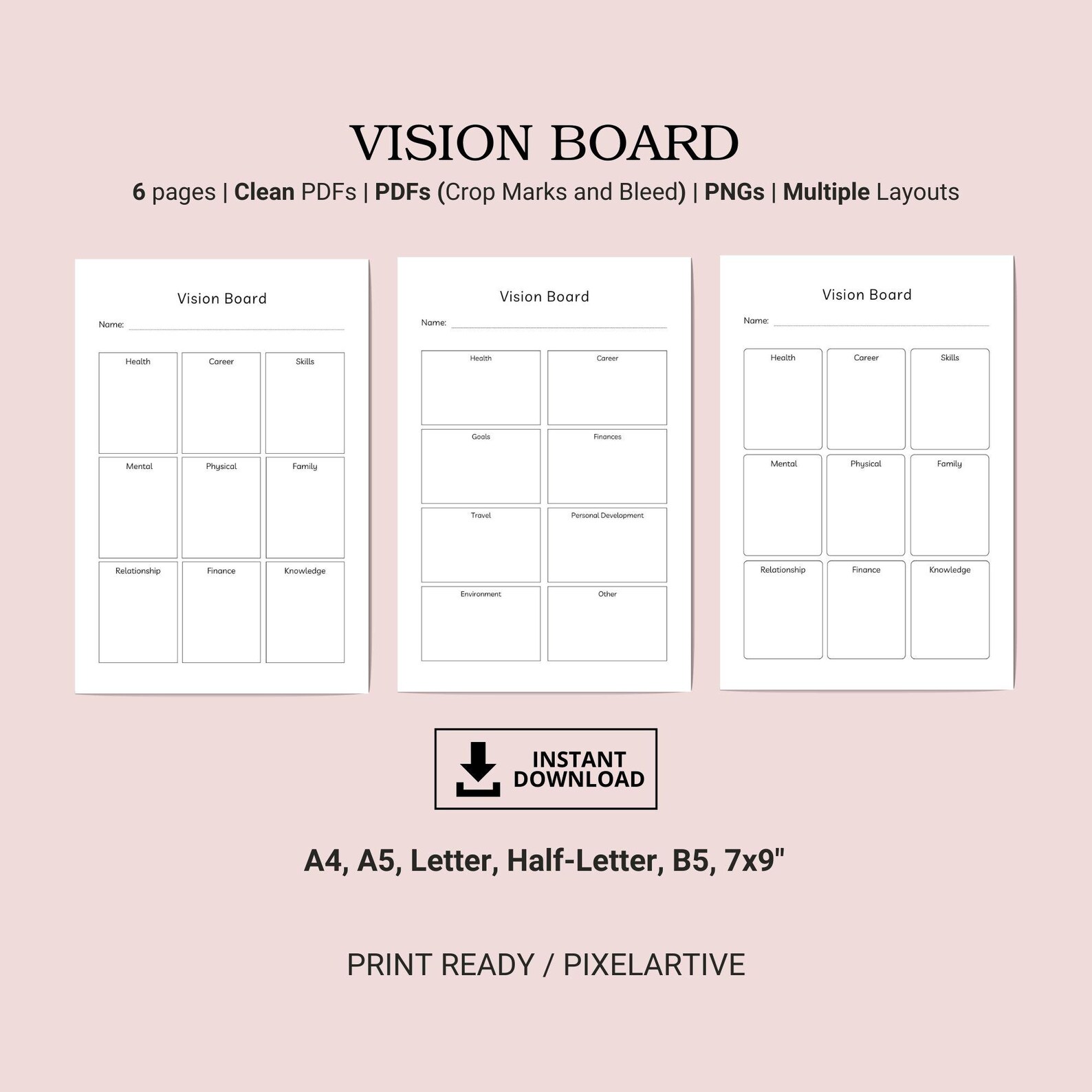 Vision Board Template Printable Manifest Goals and Track Dreams ...