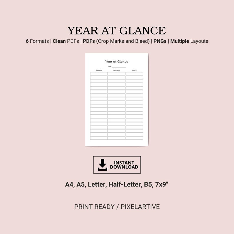 Printable Year at a Glance Template | Organize Your Year With Monthly ...