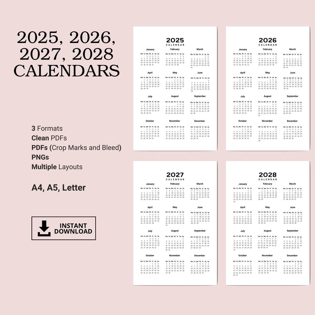 Printable 2025, 2026, 2027, 2028 Calendar, Portrait, A4, A5, Letter, Printable Calendar, 2025 ...
