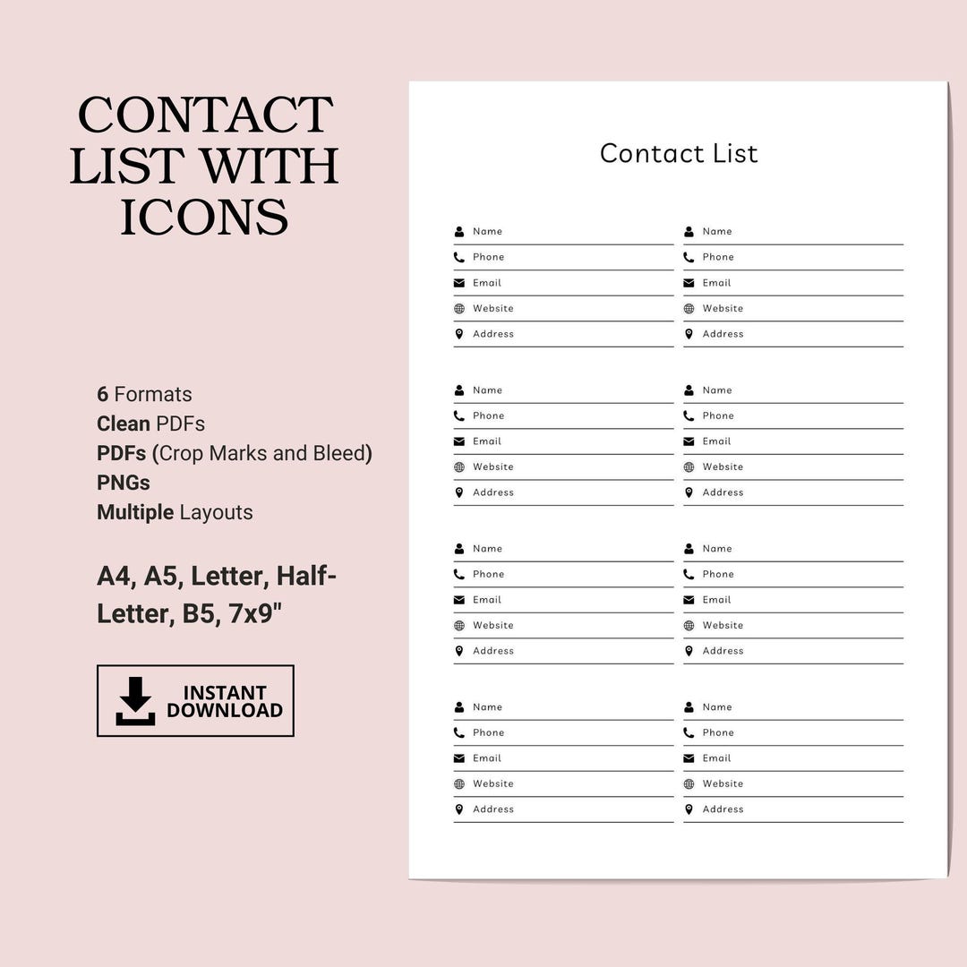 Printable Contact List With Icons: Minimalist Address Book (instant ...