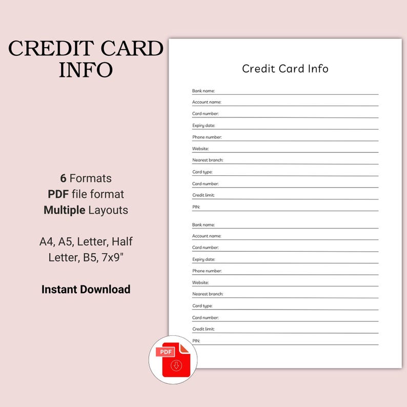 Printable Credit Card Info Template | Track Card Details, Payments and ...