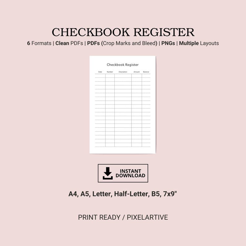 Printable Checkbook Register Template Track Transactions, Deposits ...