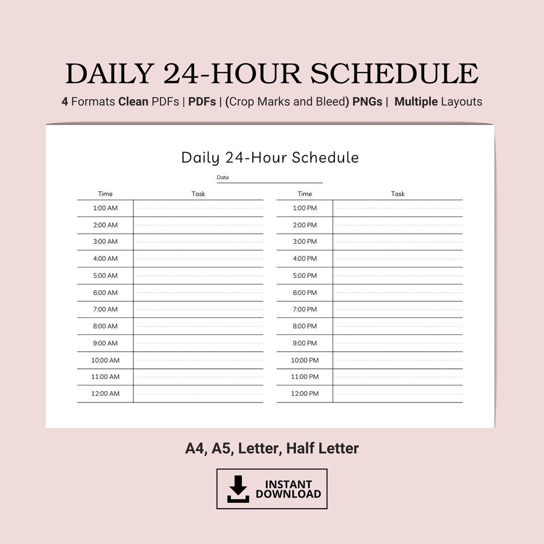 Printable 24-hour Schedule Template: Hourly Planner (digital Download ...