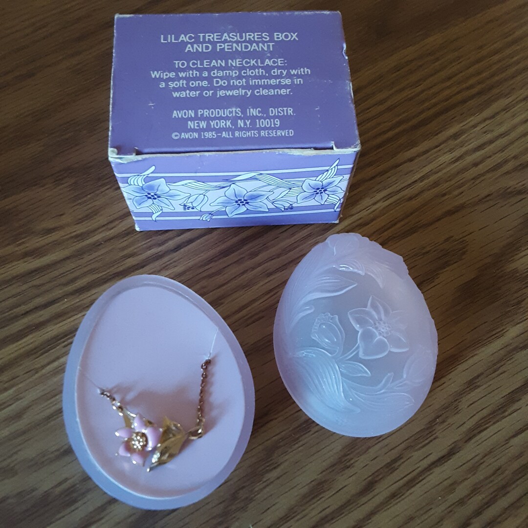 Avon 1985 LILAC TREASURES (egg Shaped) Box and Pendant 18" Long Mint in ...