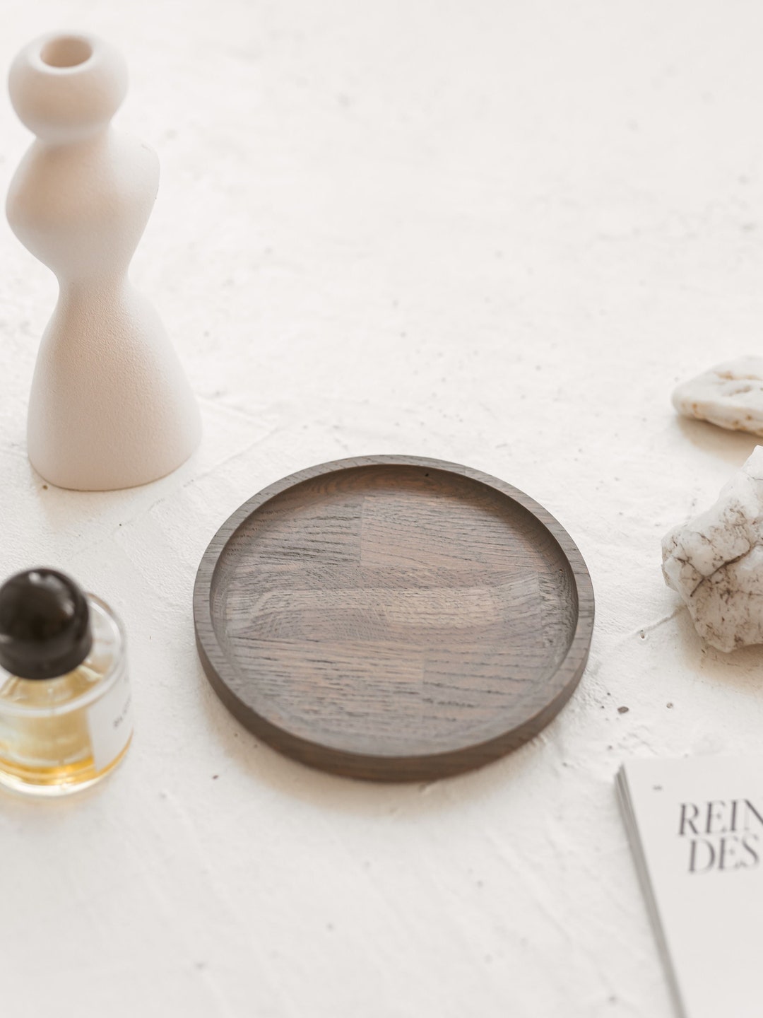 Round Gray Home Interior Tray| Wooden Oak Display Tray for Jewelry or ...