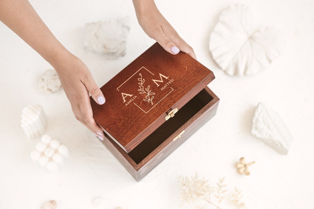 Personalized Redwood Box With a Clasp, Engraved Initials and Floral ...