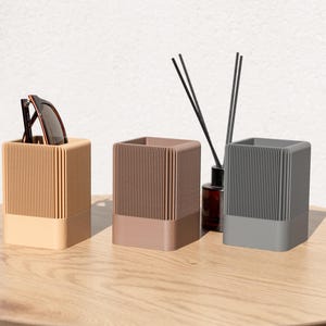 Modern Ribbed Square Organizer in Earthy Tones – Minimalist Desk ...