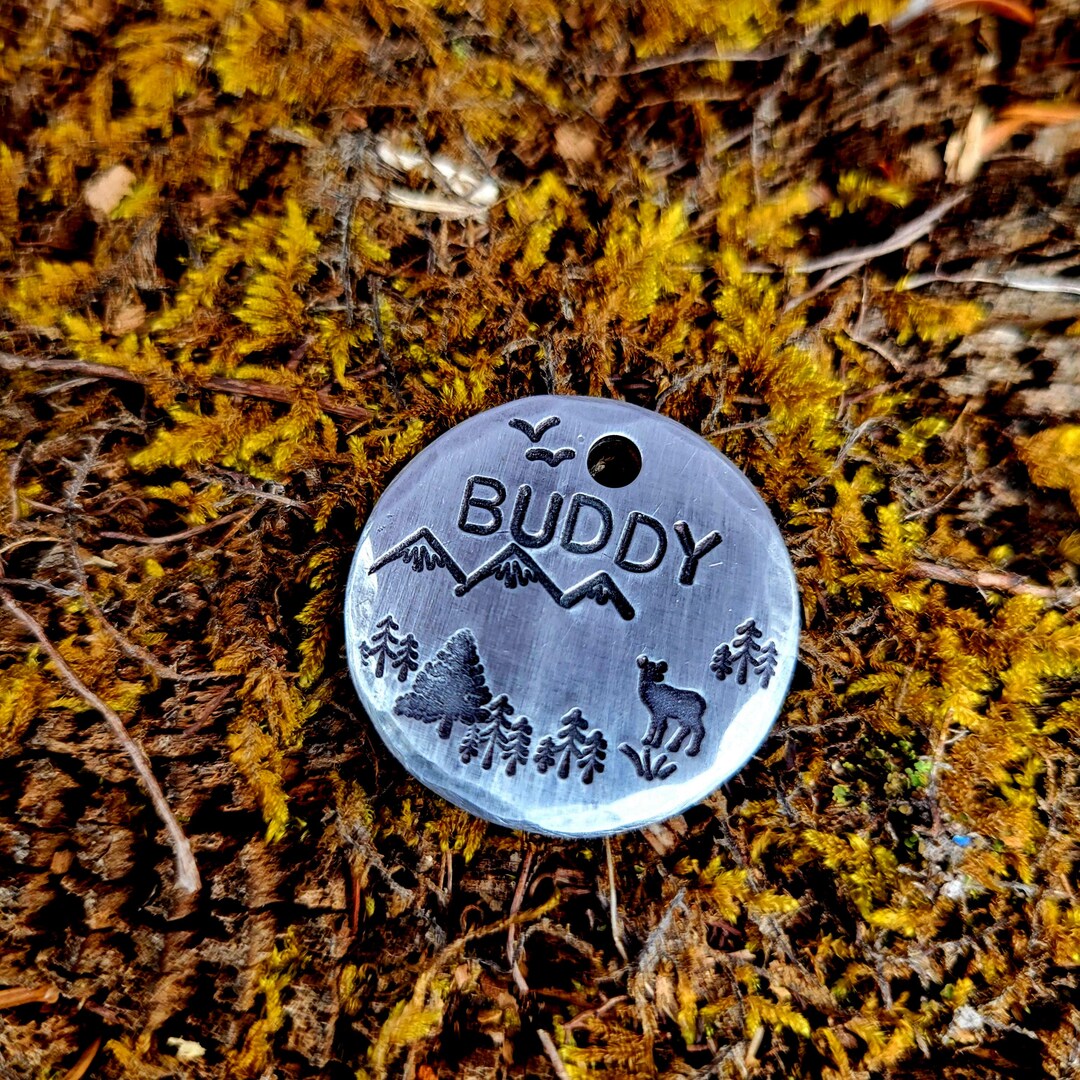 Trees and Mountains Dog Tag, Deer Dog Tag, Nature Pet ID, Personalized ...