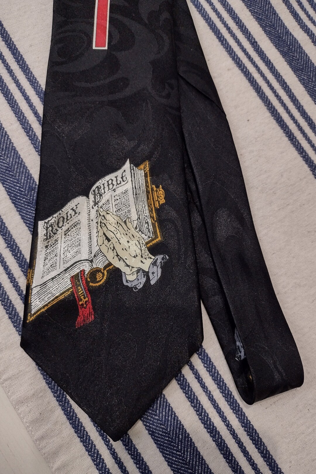 1990s Steven Harris Handmade Designer Tie Holy Bible Praying Hands the ...