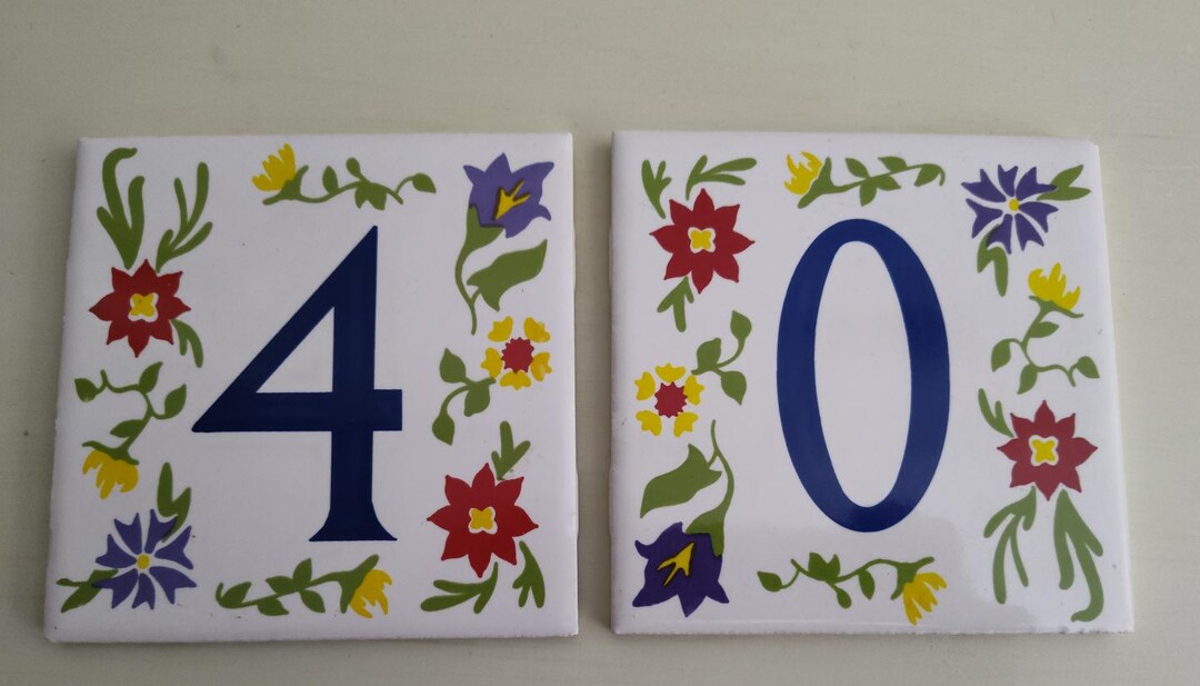 Floral Ceramic Tiles Numbers 4 and 0 Made in Gardena California 4 1/4 ...