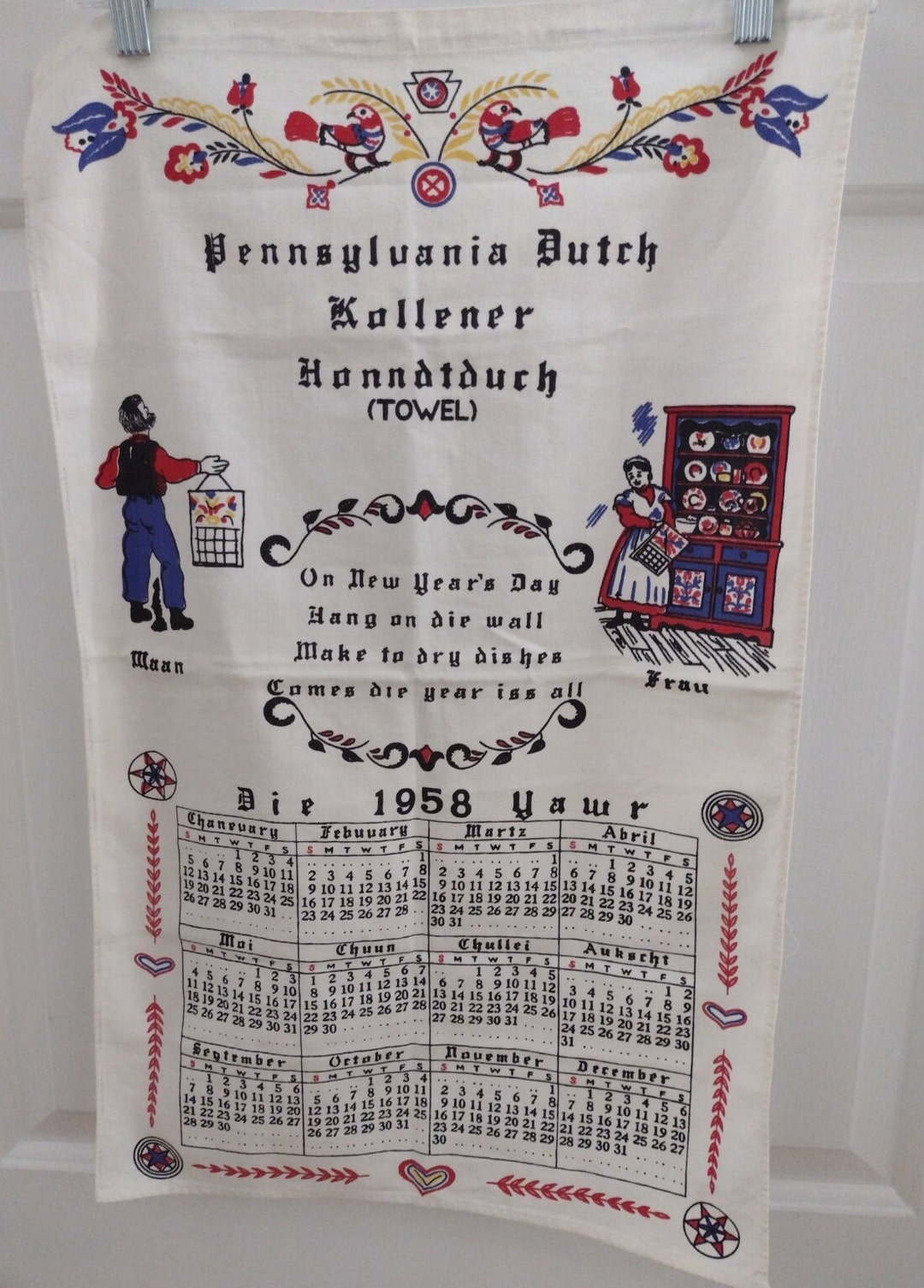 1958 Pennsylvania Dutch Calendar Kitchen Towel Souvenir Kollener ...