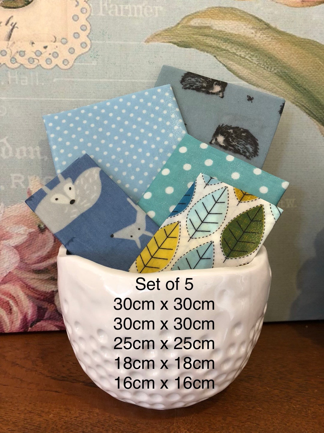 5 Beeswax Food Wraps. Family Pack of 5 30cm X 30cm, 30cm X 30cm, 25cm X ...