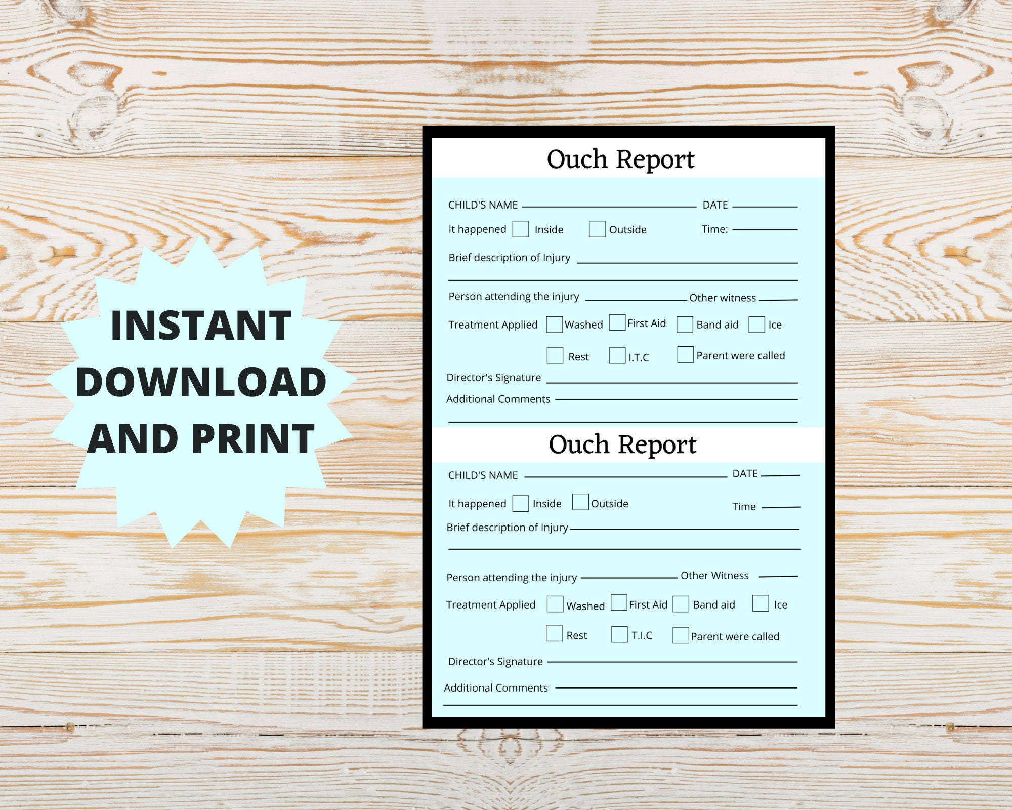 OUCH REPORT Printable Child Incident Report /preschool - Etsy