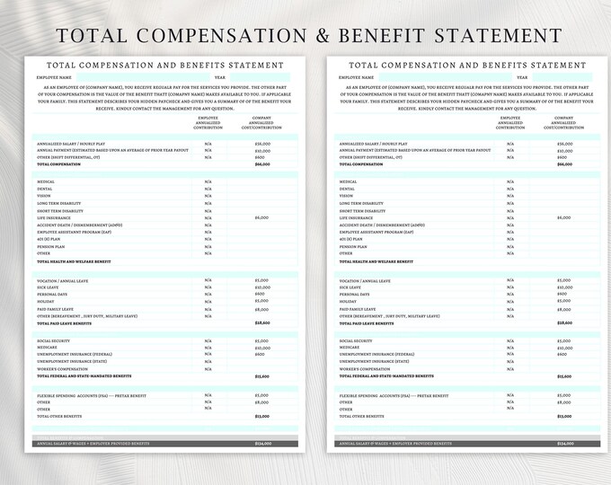 Total Compensation Statement Template, Employee Benefits Packet, Pay ...