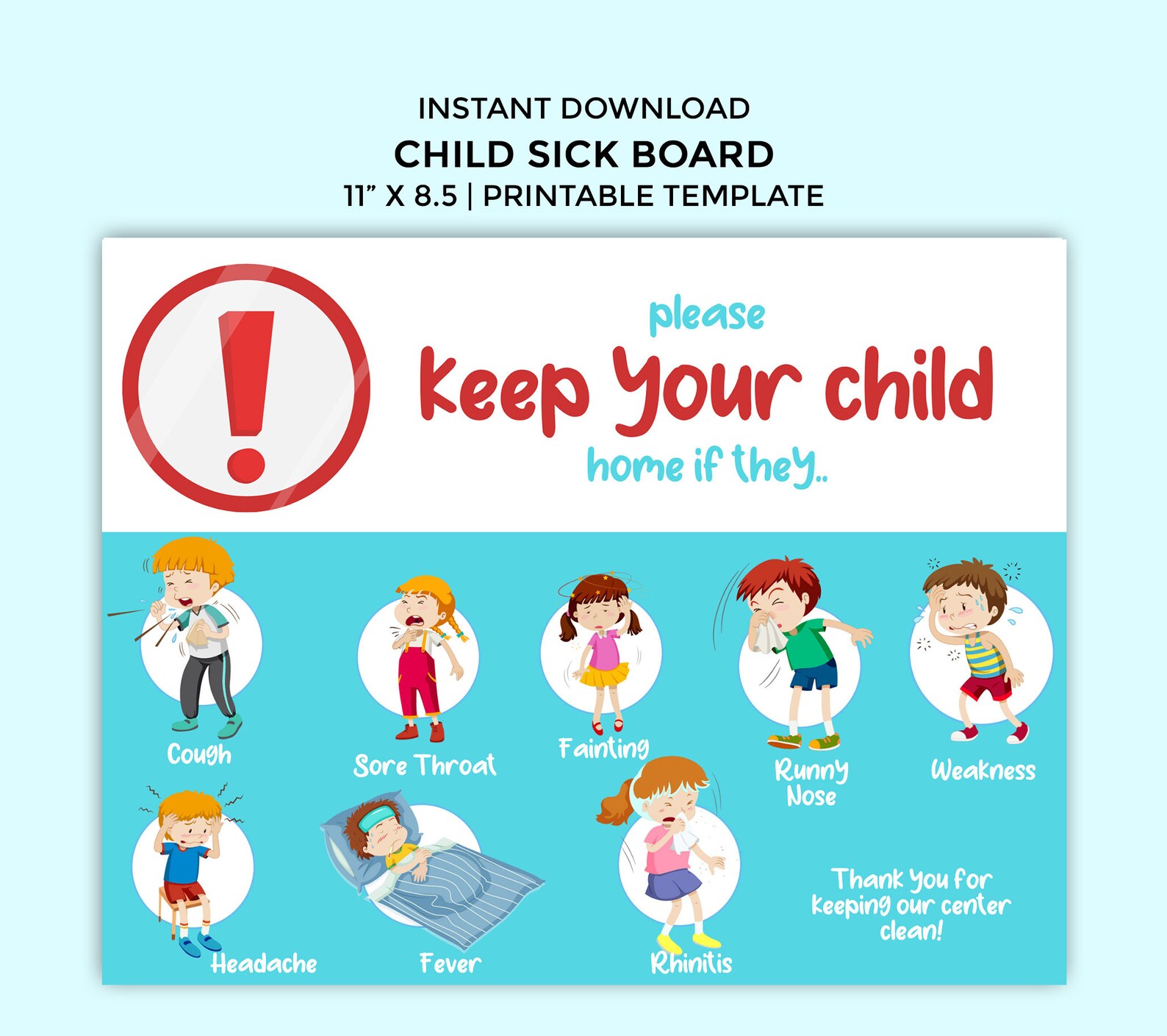 Child Sick Board Printable Template for Daycare School and - Etsy