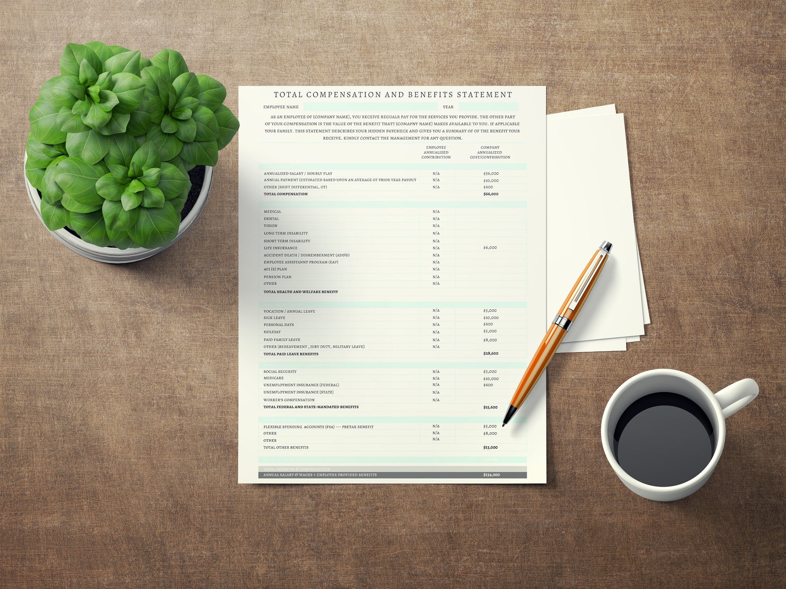 Total Compensation Statement Template, Employee Benefits Packet, Pay ...