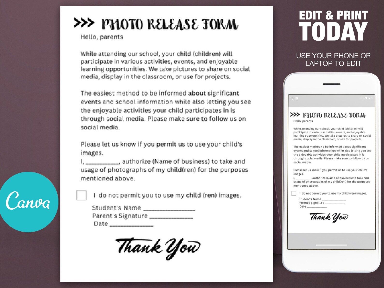 Daycare Photo Release Form, Edit in Canva, Personalized School Picture ...