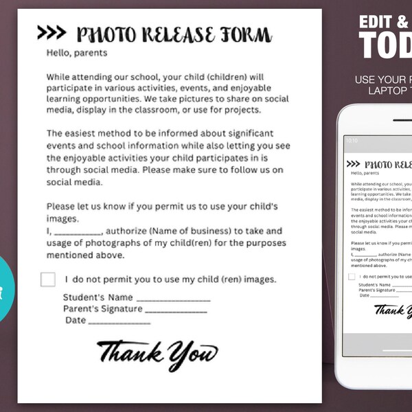 Photo Consent Form for Social Media - Etsy