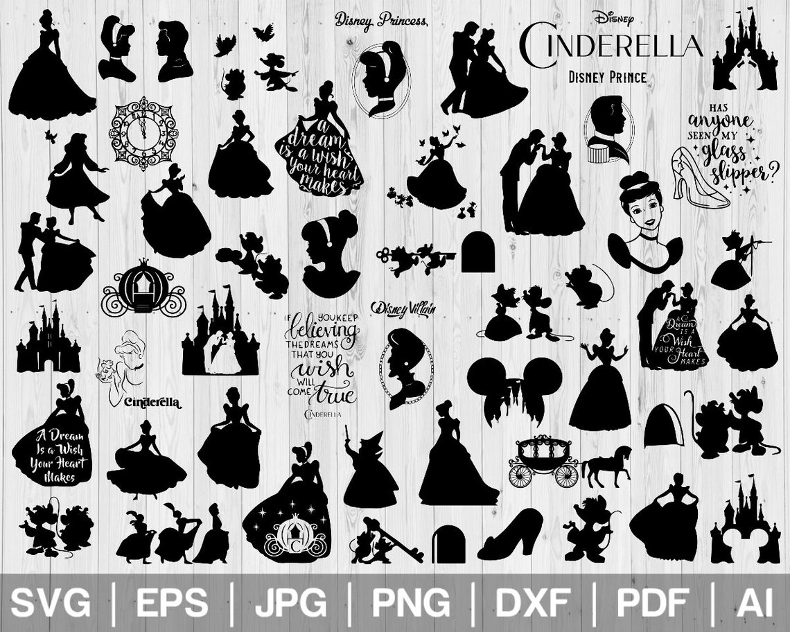 50 Mega Bundle Cenicienta Cenicienta SVG EPS DXF Princesa silueta ...