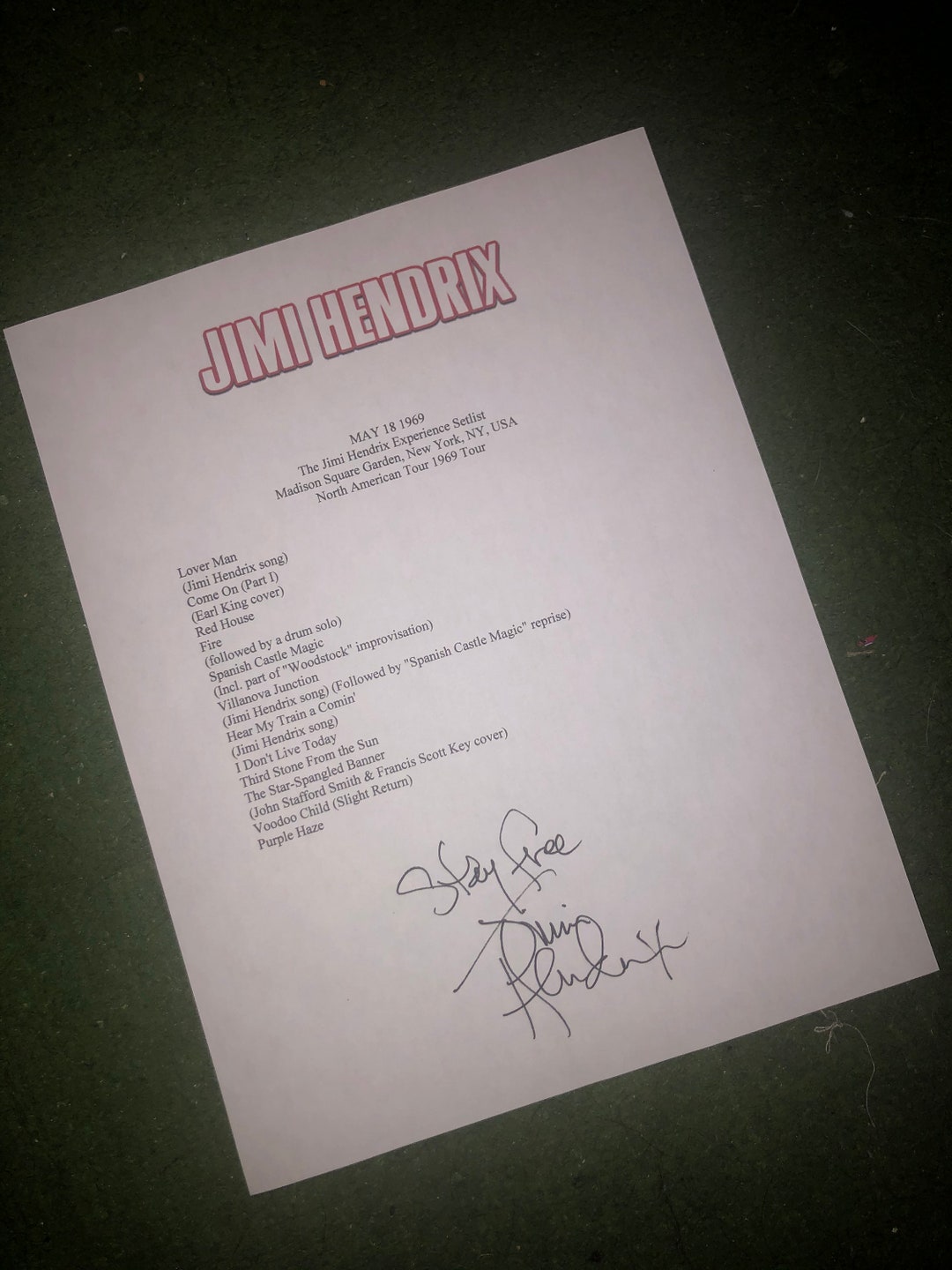 Jimi Hendrix Signed Setlist Reproduction 1969 Madison Square Garden - Etsy