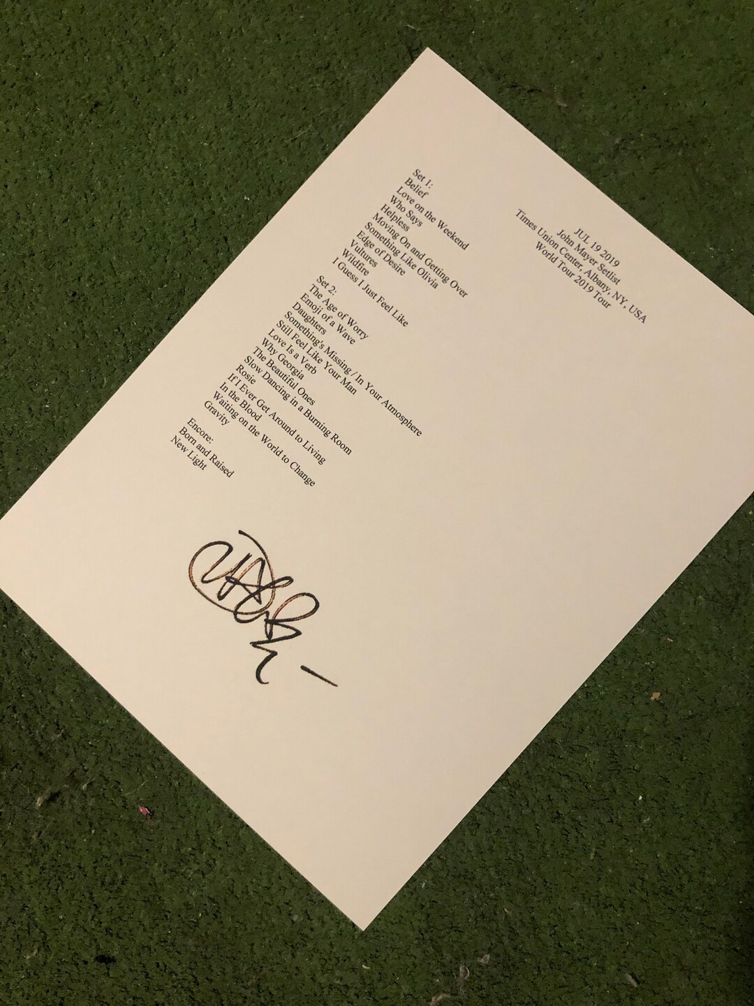 John Mayer Signed Setlist From July 19,2019 Albany NY Auto Reprint ...