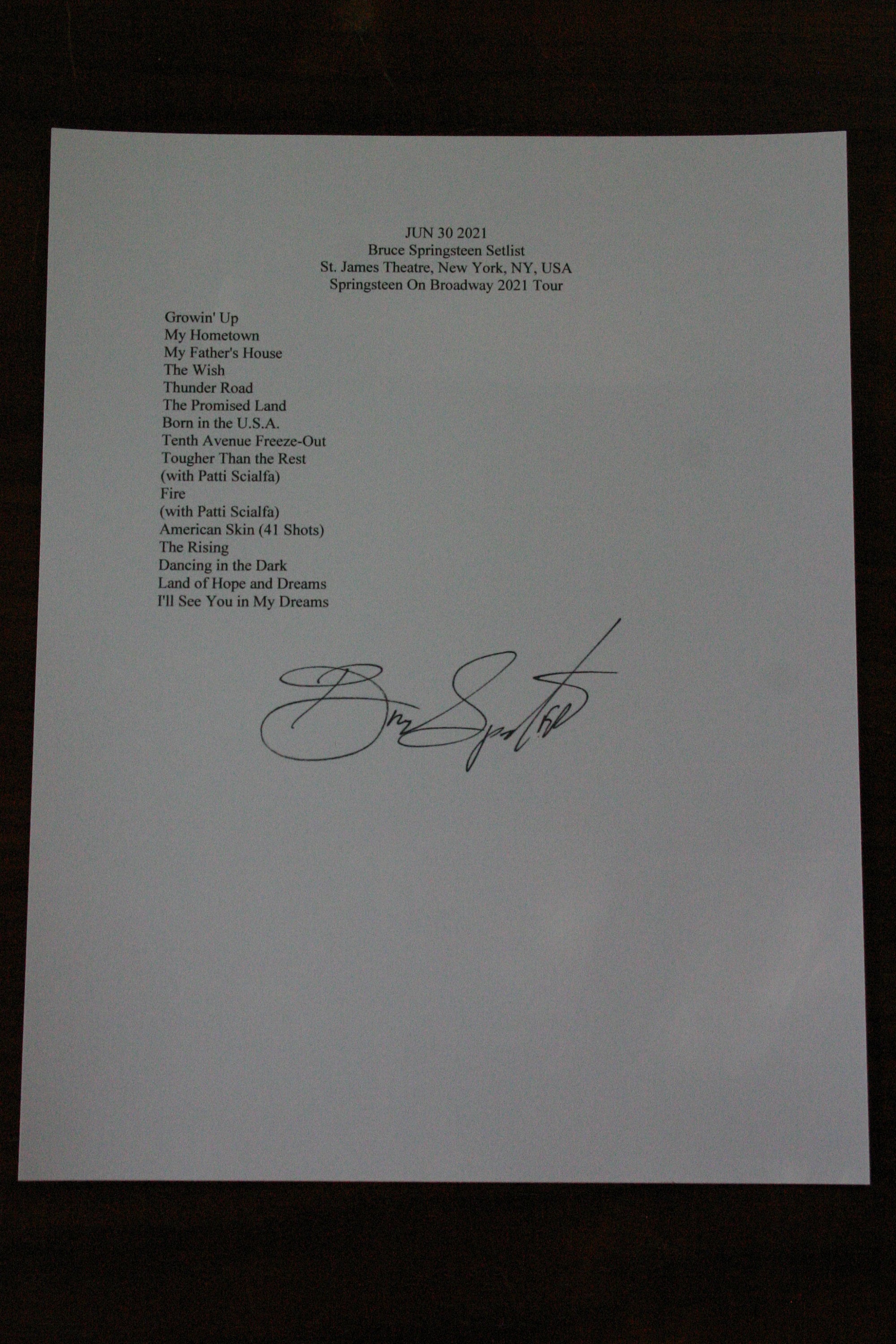 Bruce Springsteen Signed Setlist Reprint 2021 Springsteen on Broadway ...