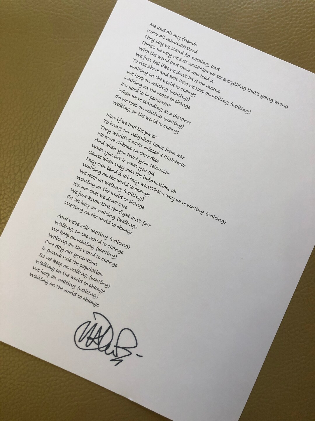 John Mayer Signed Waiting on the World to Change Lyrics Reprint - Etsy