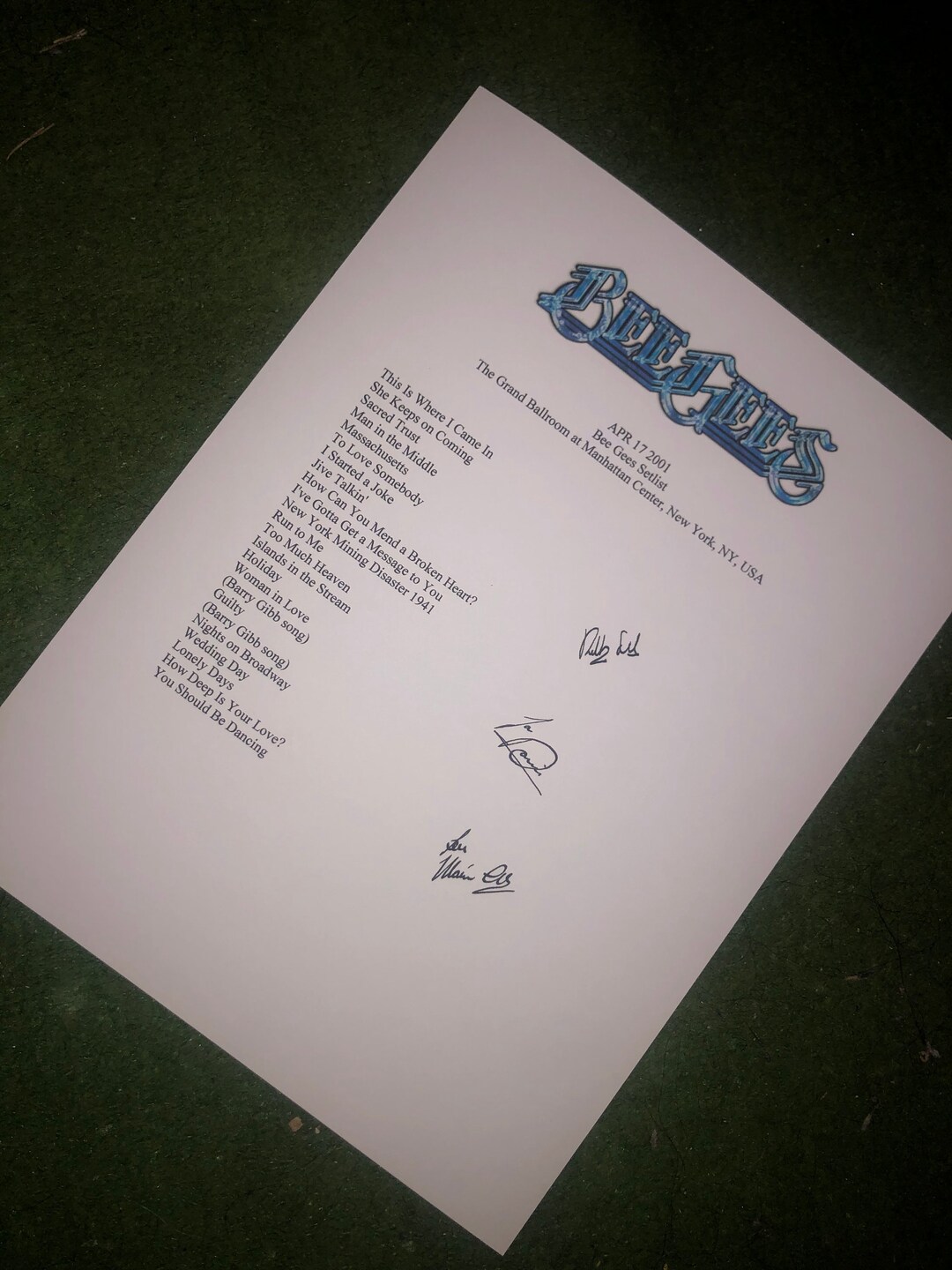 Bee Gee Setlist 2001 Band Autographed Reprint Setlist - Etsy UK