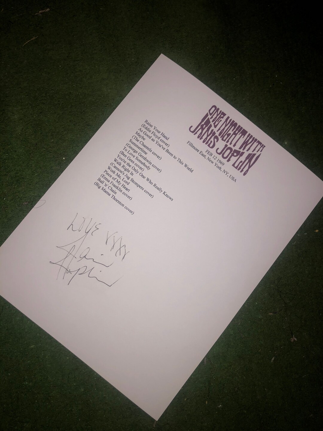 Janis Joplin Setlist Fillmore East 1969 Autographed Reprint Setlist - Etsy