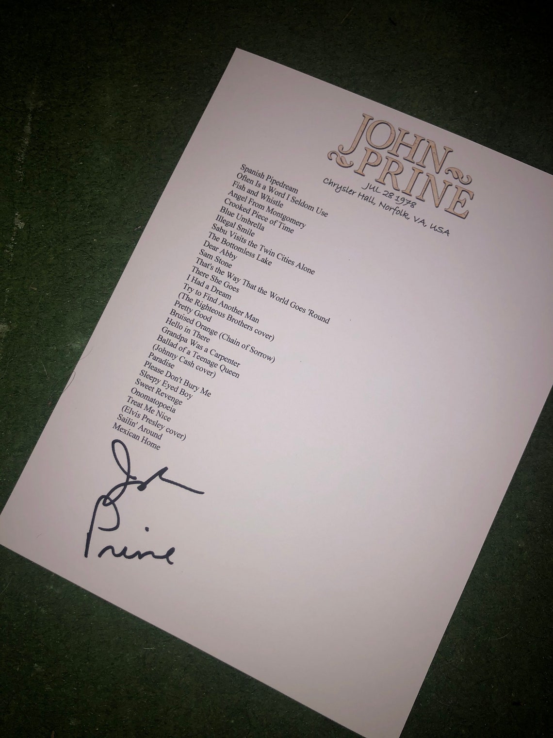 John Prine Signed Reprodution Setlist Norfolk VA 1978 - Etsy