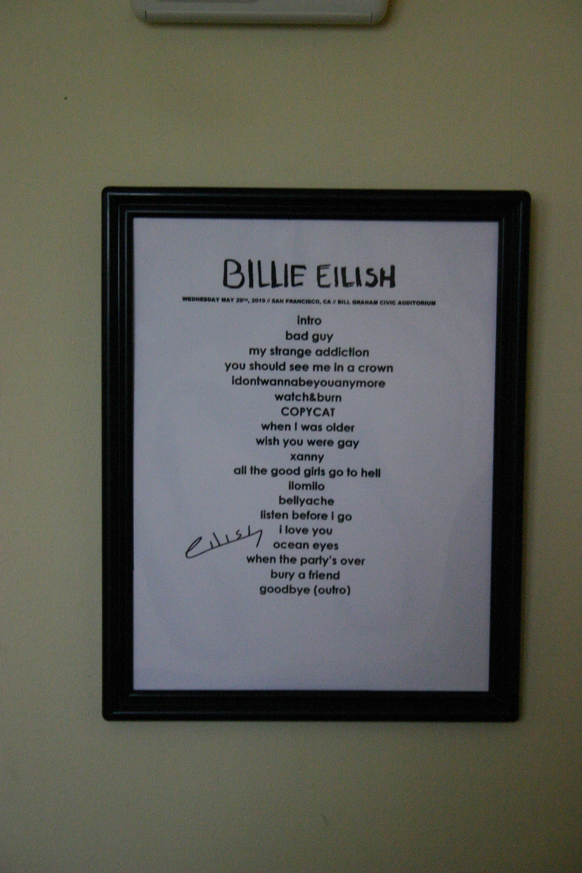Billie Eilish Setlist with autograph Reprint May 29 2019 | Etsy