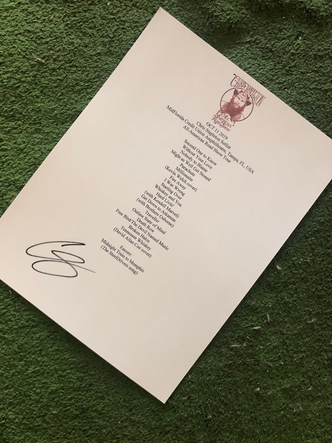 Chris Stapleton Signed Setlist 2019 Tampa Autographed Reprint Setlist ...