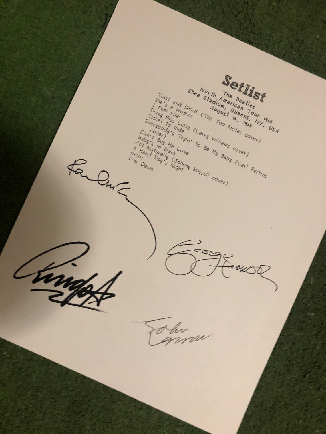 Beatles Setlist Shea Stadium Signed Reprint 1965 Lennon Ringo Harrison ...