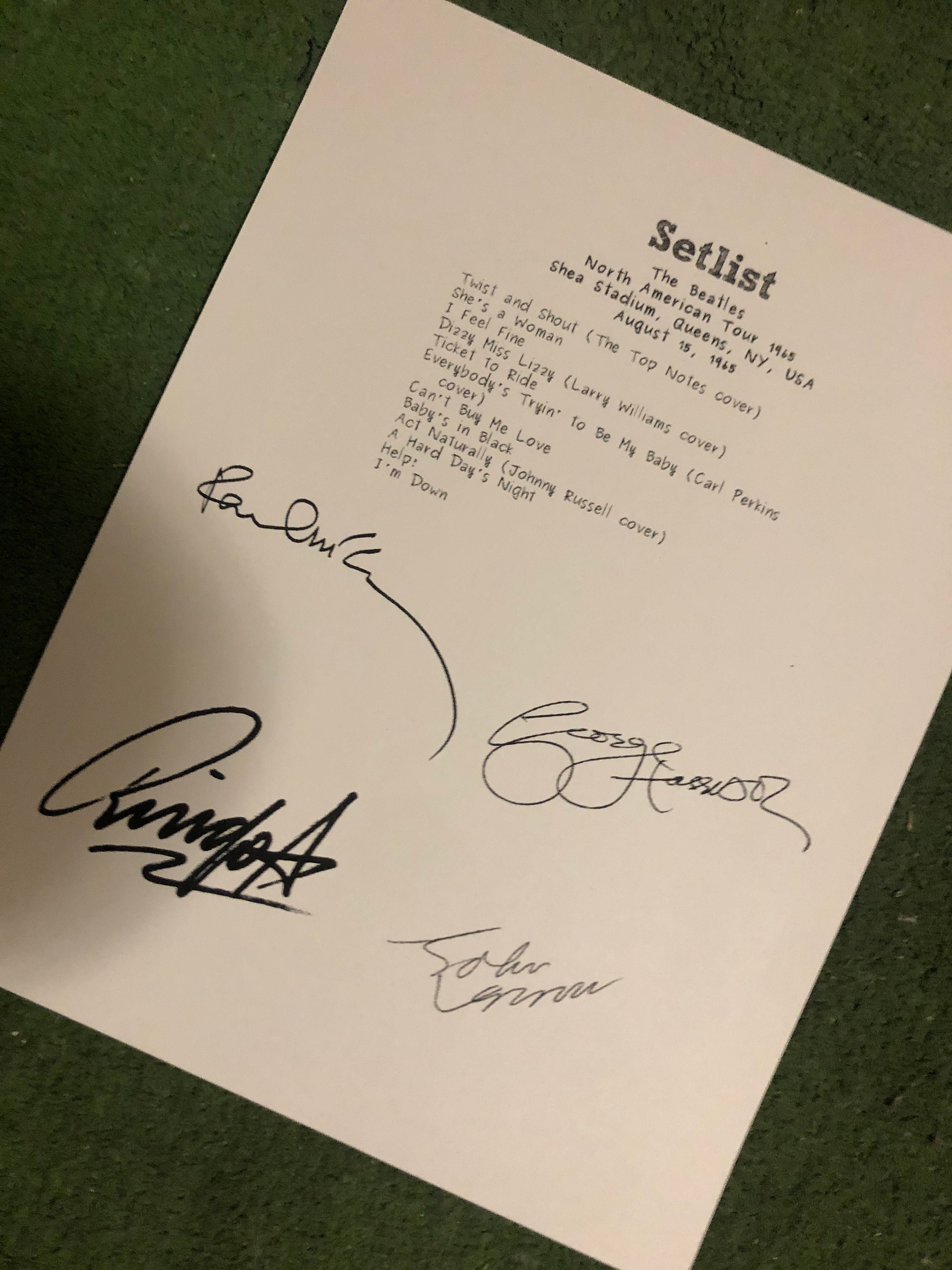 Beatles Setlist Shea Stadium Signed Reprint 1965 Lennon Ringo Harrison ...