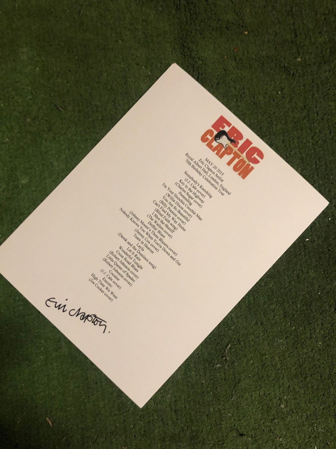 Eric Clapton Signed Reprint Setlist From 2015 70th Birthday Royal ...