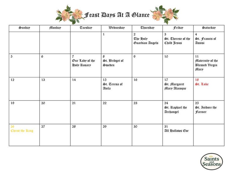 Printable Catholic Calendar October 2025 • Feast Days & Traditions ...