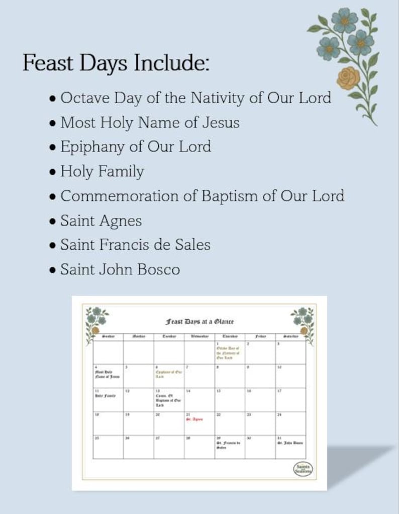Catholic Liturgical Guide January 2026 Printable | 13-page Feast Days ...