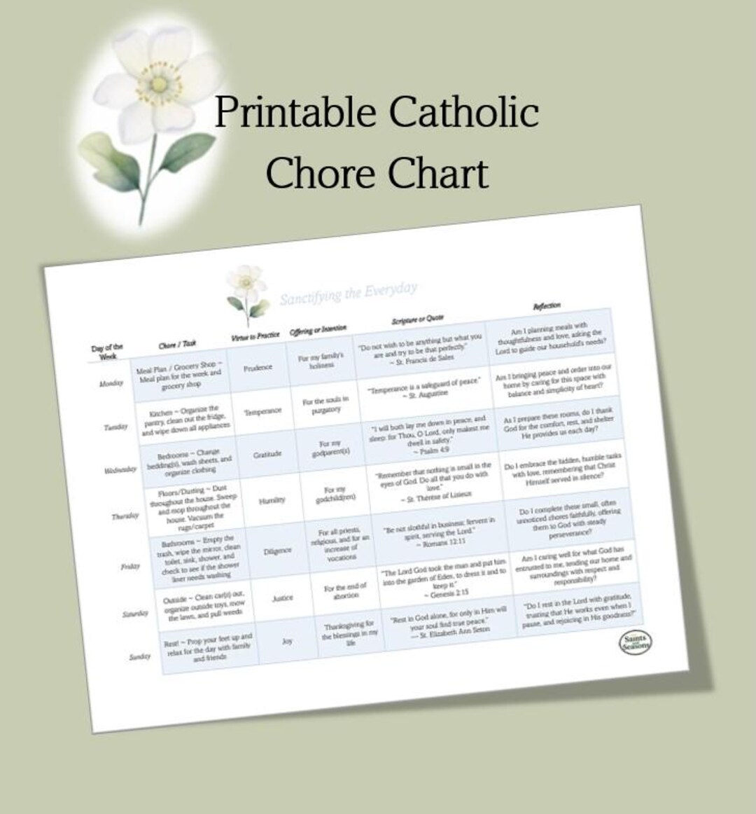 Catholic Mom Chore Chart Printable – Faith + Virtue Weekly Planner for ...