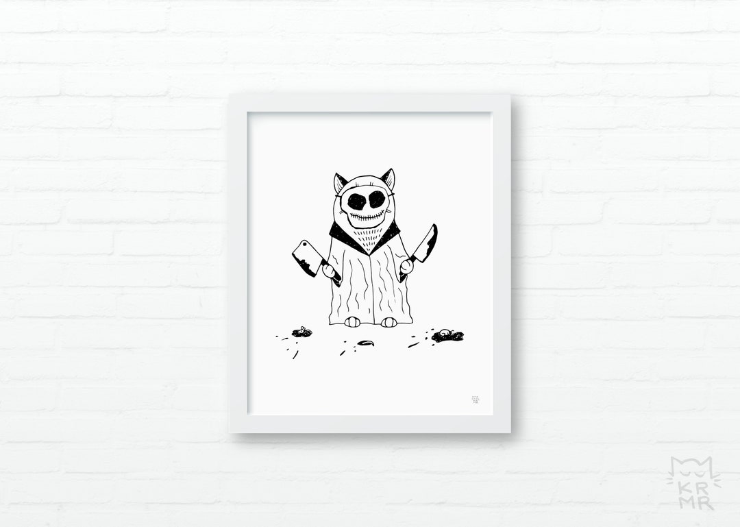 Serial Killer Horror Cat Ink Drawing Halloween Decoration Wall Art ...