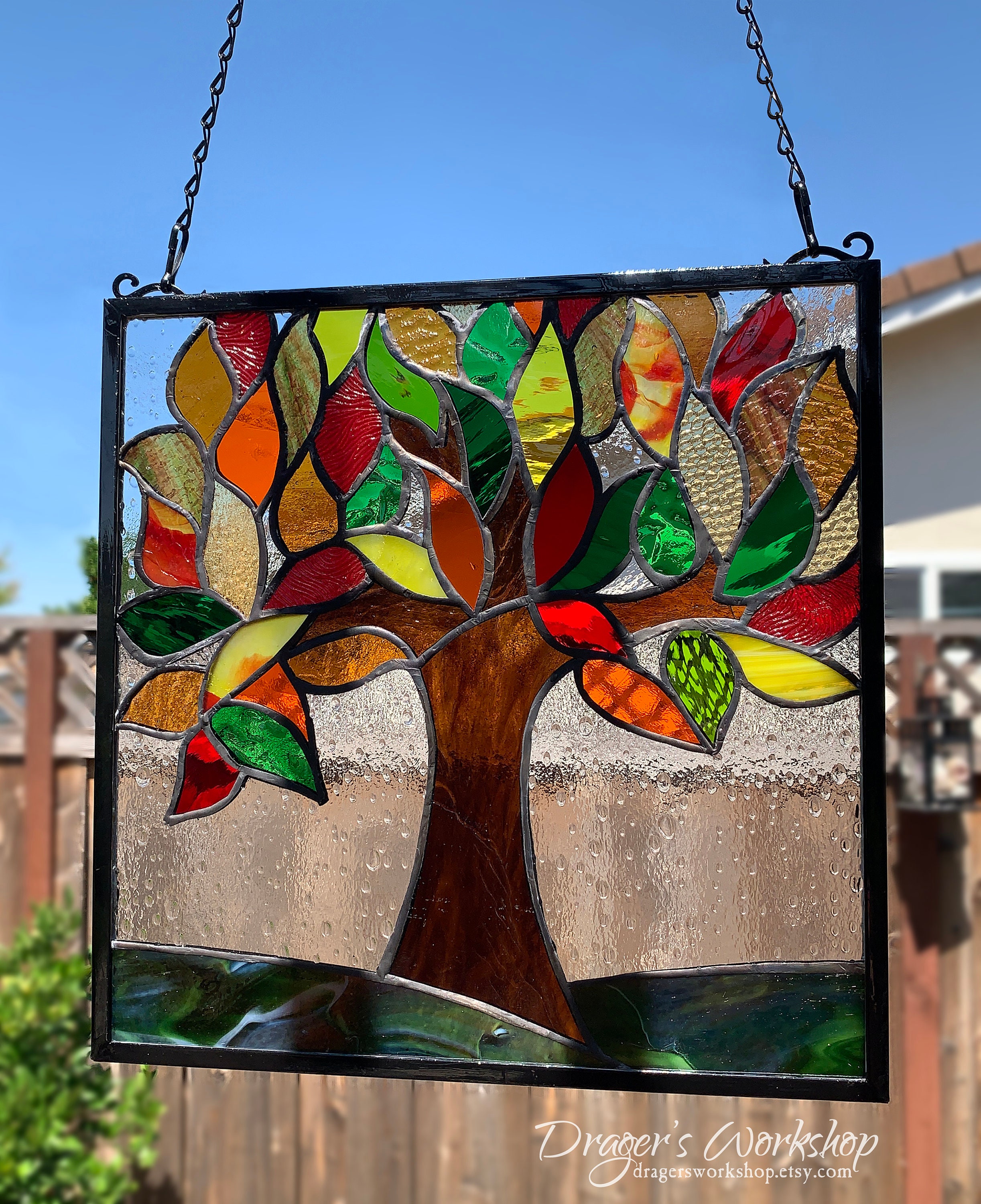 OOAK Stained Glass Autumn Tree Of Life Hanging Window Panel | Etsy