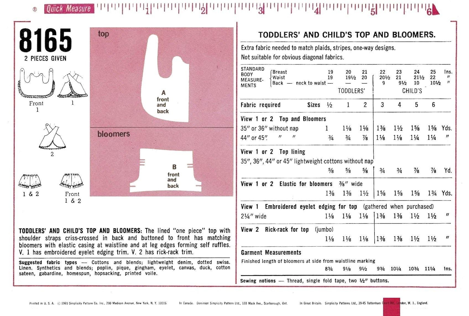 Girls Sleeveless TOP and BLOOMERS Toddler Child Size 1 Simplicity 8165 ...