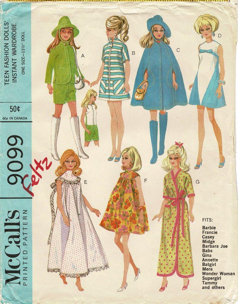 Doll Clothes for Barb 11-1/2" Instant Wardrobe Mccall's 9099 Vtg 1967 ...