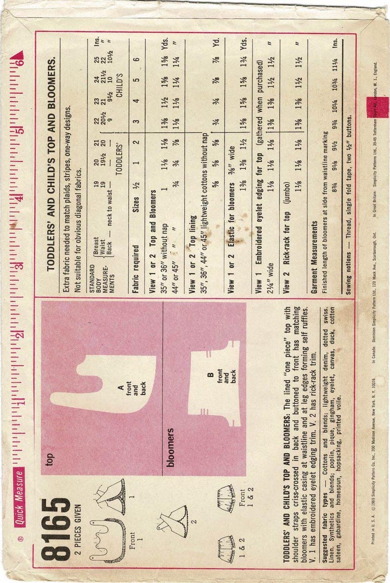 Girls Sleeveless TOP and BLOOMERS Toddler Child Size 1 Simplicity 8165 ...