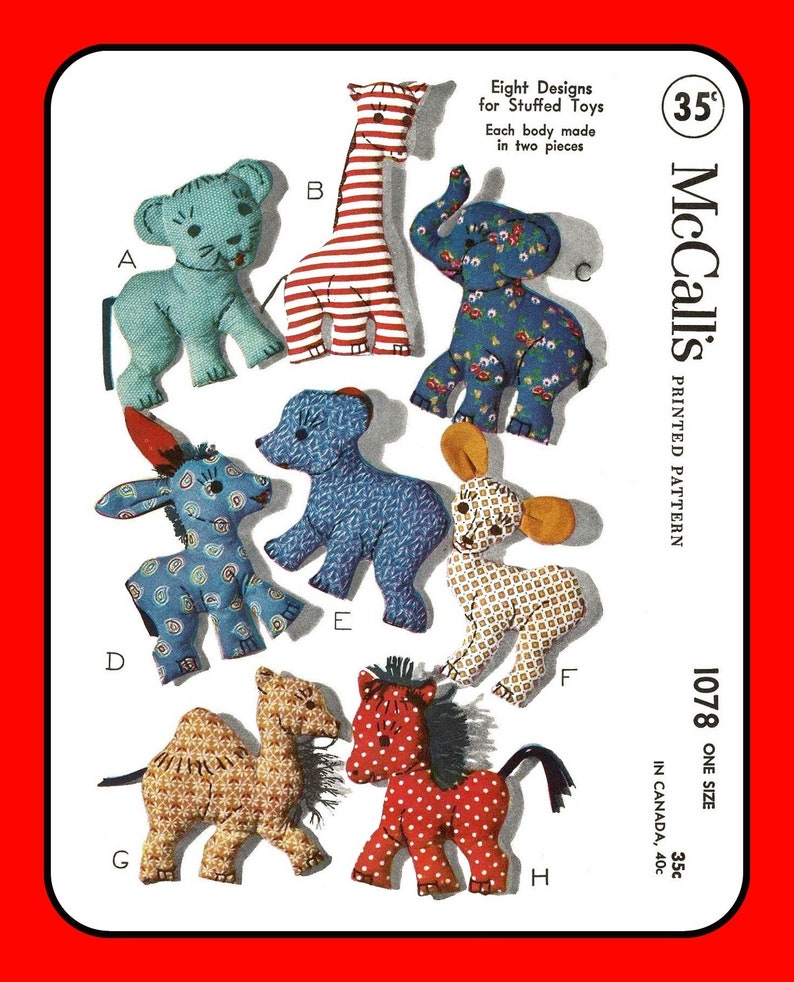 Small Stuffed Animals Sewing Pattern, Vintage Mccall's 1078 11 X 17 ...