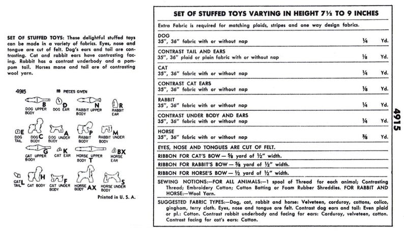 Vintage 1954 Stuffed Animals Pattern: Dog, Cat, Bunny, Pony Simplicity ...