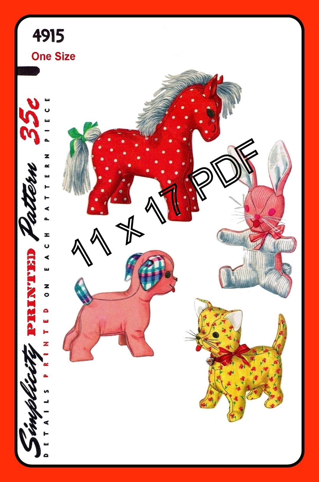 Vintage 1954 Stuffed Animals Pattern: Dog, Cat, Bunny, Pony Simplicity ...