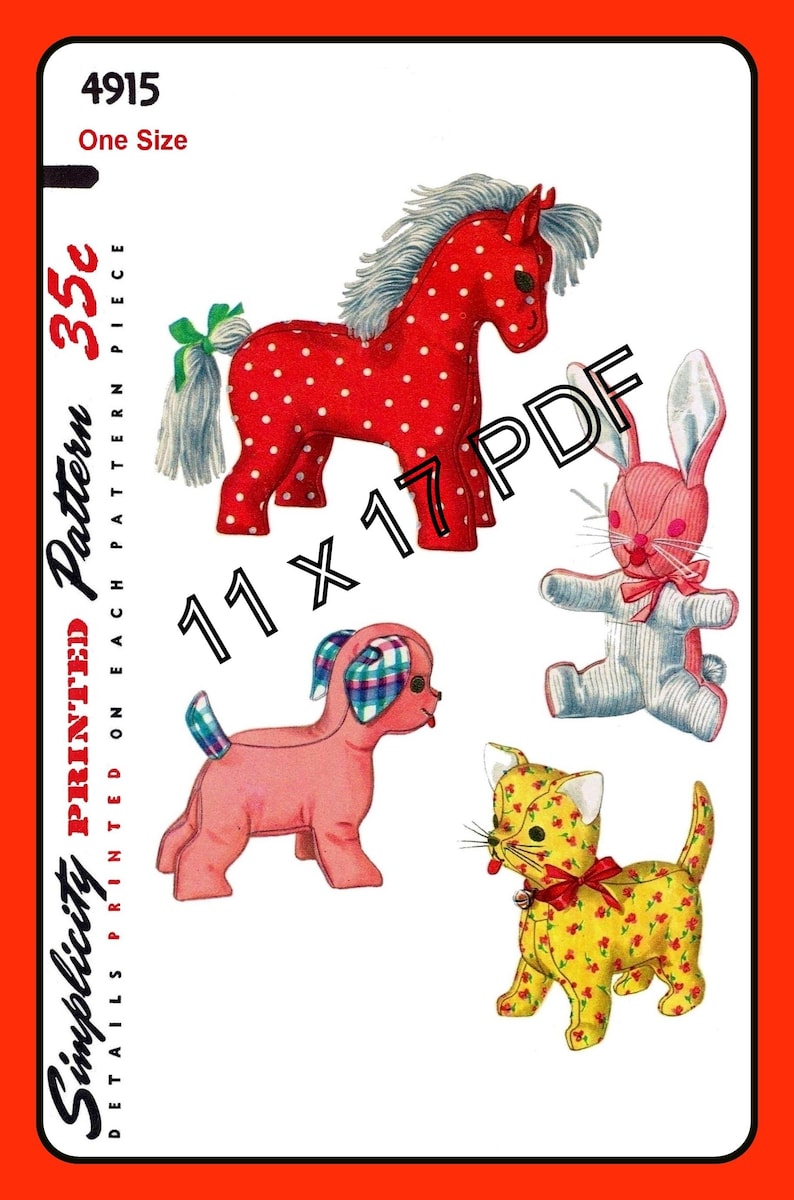 Vintage 1954 Stuffed Animals Pattern: Dog, Cat, Bunny, Pony Simplicity ...