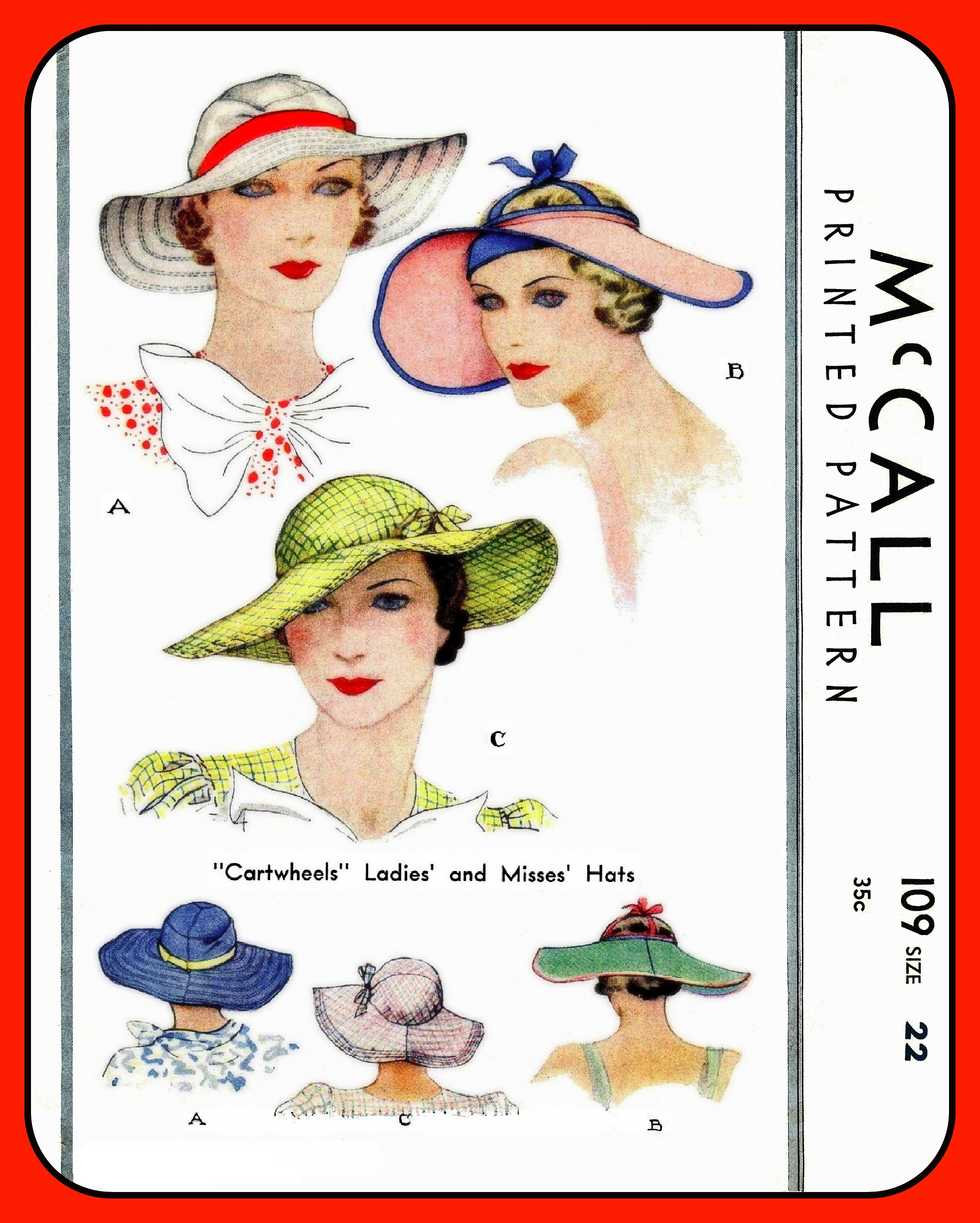 DERBY Hat Pattern "cartwheels" Floppy Sun Mccall 109 Vintage 1933 PDF ...